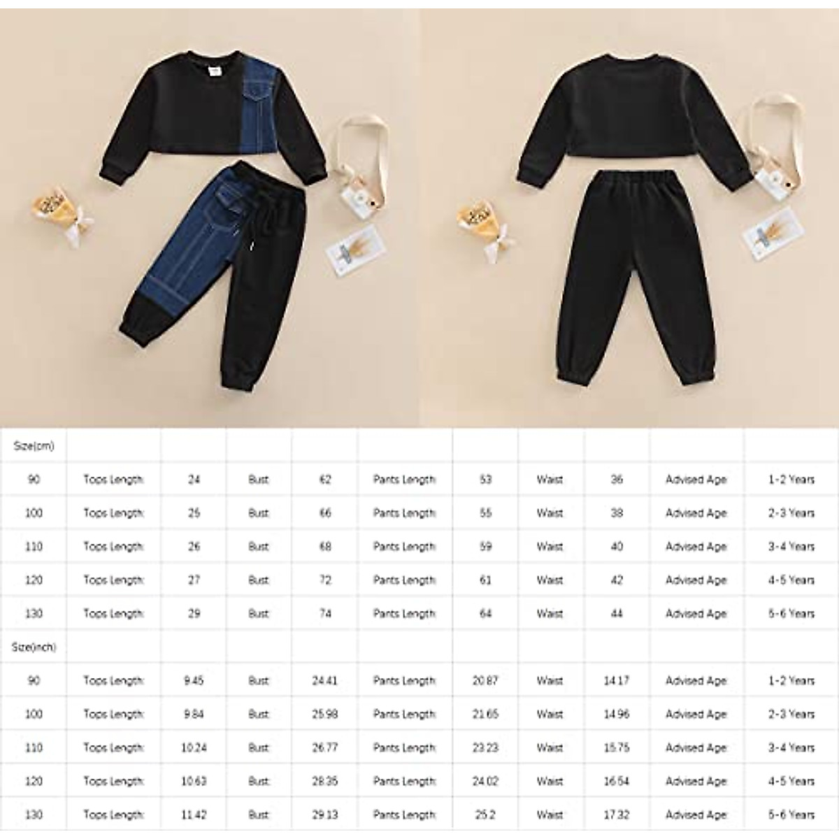 WALLARENEAR 2PCS Unisex Baby Long Sleeve Denim Patchwork Sweatshirt Crop Tops + Drawstring Jeans Sportswear Sets (Black Blue , 4-5 Years )