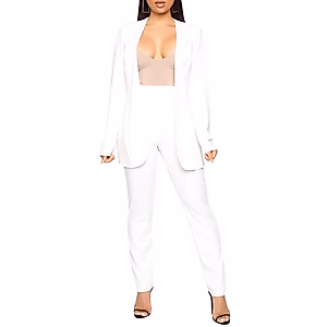 Aro Lora Women's 2 Piece Outfit Casual Solid Open Front Blazer and Pencil Pant Suits Set Large White