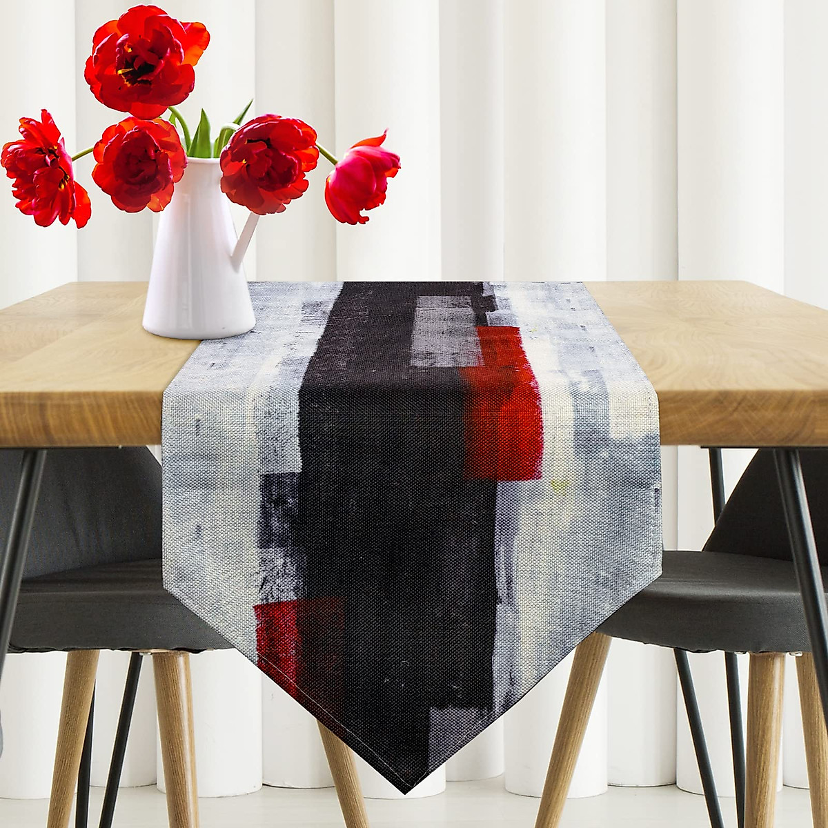 Modern Burlap Table Runner,Abstract Red and Black Art Table Runners for Table Dresser Runner Farmhouse Style for Dinner Party Holidays Home Decoration (Red and Black, 13"x 71")