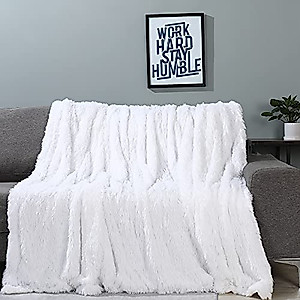 Decorative Extra Soft Faux Fur Throw Blanket 50" x 60",Solid Reversible Fuzzy Lightweight Long Hair Shaggy Blanket,Fluffy Cozy Plush Fleece Comfy Microfiber Fur Blanket for Couch Sofa Bed,Pure White