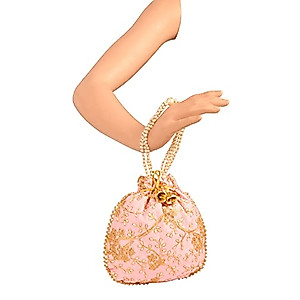 Touchstone NEW Indian Hand Embroidered Floral Shopping Gifts Jewelry Wedding Sweet Distribution Faux Pearls Strings Drawstring Pista Cream Pink Fancy Bag Purse Pouch Set Of 3 For Women.