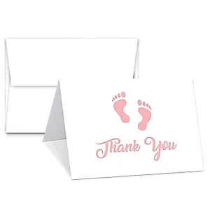 Baby Girl Pink Footprint Thank You Cards With Envelopes - Blank on The Inside - Baby Shower Gifts | 4.25" x 5.5" Inches When folded | Value Pack of 25 Cards & Envelopes