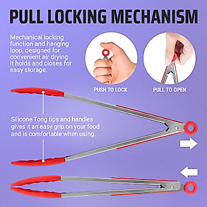 Kaluns Kitchen Tongs for Cooking Grilling Set of 4, BBQ Grill Tongs With Silicone Tip Stainless Steel Heat Resistant, Non-stick Pull Lock, Incl 7, 9, 12 Inch Tong Plus a Silicone Spatula