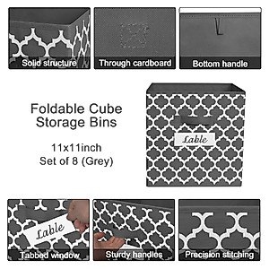 homyfort Foldable Storage Cube Bins 11x11 inches, Fabric Storage Bin Baskets Box Organizer with Labels and Dual Plastic Handles for Shelf Closet, Nursery, Set of 8 Grey