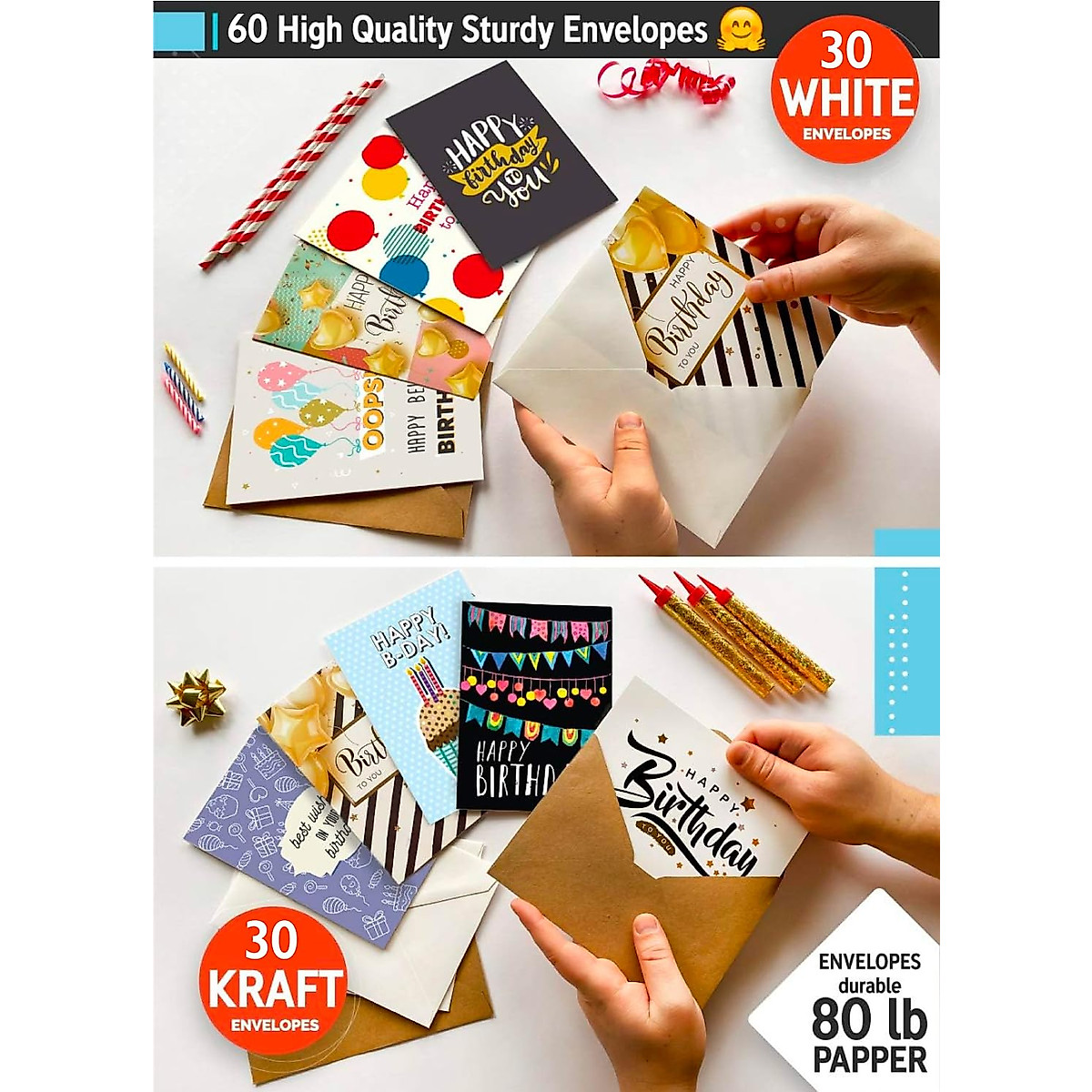 60 Happy Birthday Cards Assortment - Bday Cards in Bulk - 5x7 Assorted Variety Box Set Pack Unique Designs with Envelopes - Birthday Card for Men Women Kids - for Office - Greeting Message Inside