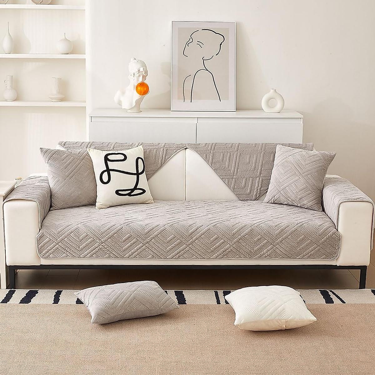 vctops Luxury Velvet Plush Couch Sofa Cover Geometric Quilted Sectional Couch Covers Anti-Slip Sofa Slipcovers for Dogs Cats Kids Loveseat Recliner L Shaped Armrest Backrest (Light Grey,43"x82")