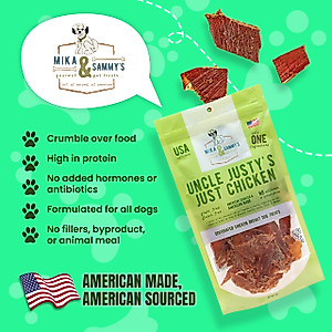 Gourmet Jerky Dog Treats - Natural Dog Treat Chicken Jerky for Dogs, Nutritious and Tasty Dog Jerky Treats Made in USA only, Cage-Free Chicken, No Additives(Mika & Sammy's Unlcle Justy's 5 oz)