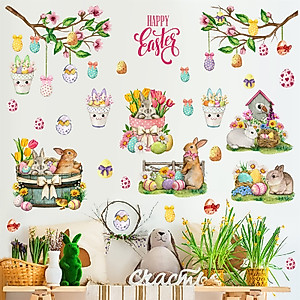 Happy Easter Wall Stickers Bunny Rabbit Wall Decals Peel and Stick Wall Art Decal Easter Egg Wall Decal Spring Flower Tree Branch Window Clings for Kids Room Nursery Living Room Kitchen Decor Gifts