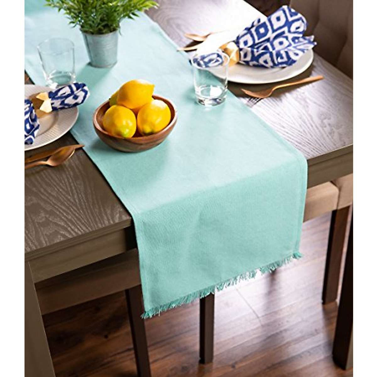 DII Everyday Collection, Fringed Solid Tabletop, Table Runner, 14x72, Aqua