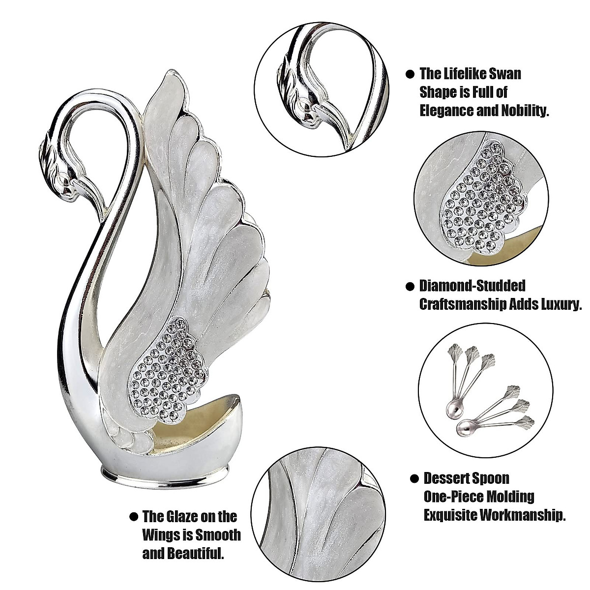 Swan Base Holder with 6pcs Coffee Dessert Dinner Spoon Set, Metal Coffee Spoon Organizer Teaspoon Fruit Dessert Flatware Sugar Ice Cream Spoons (Silver)