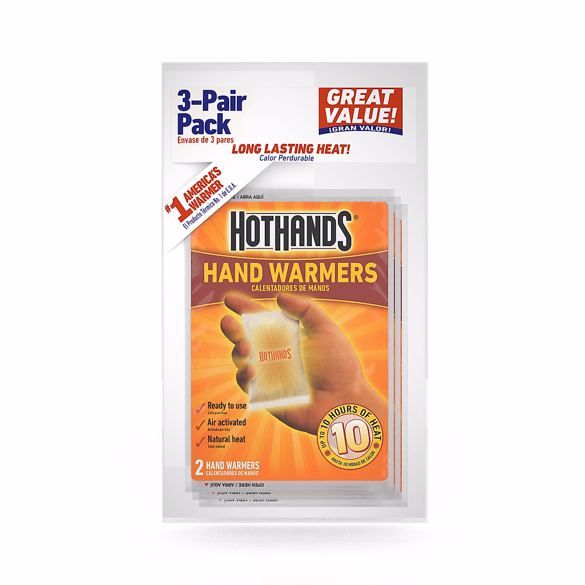 HotHands Hand Warmers - Long Lasting Safe Natural Odorless Air Activated Warmers - Up to 10 Hours of Heat - 3 Pair