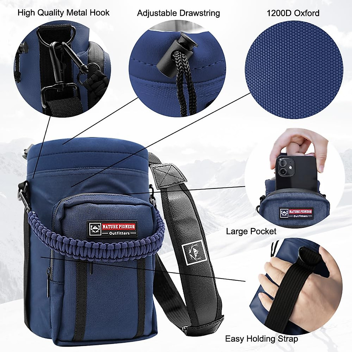 NATURE PIONEOR Insulated Water Bottle Holder with Shoulder Strap for One Gallon 128OZ Sports Water Jugs Bottles, Carrier/Pouch Sleeve for Outdoor Camping, Hiking,Gym