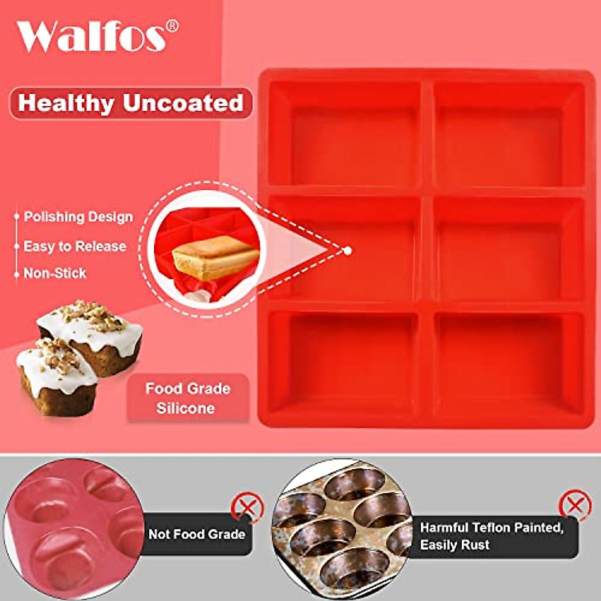Walfos Silicone Mini Bread Baking Pan 6 Cavities Non-Stick Silicone Mini Loaf Pans 2 Pieces Food Grade Baking Mold For Bread, Cakes, Muffin, Dough, Easy Pop Out and Dishwasher Safe