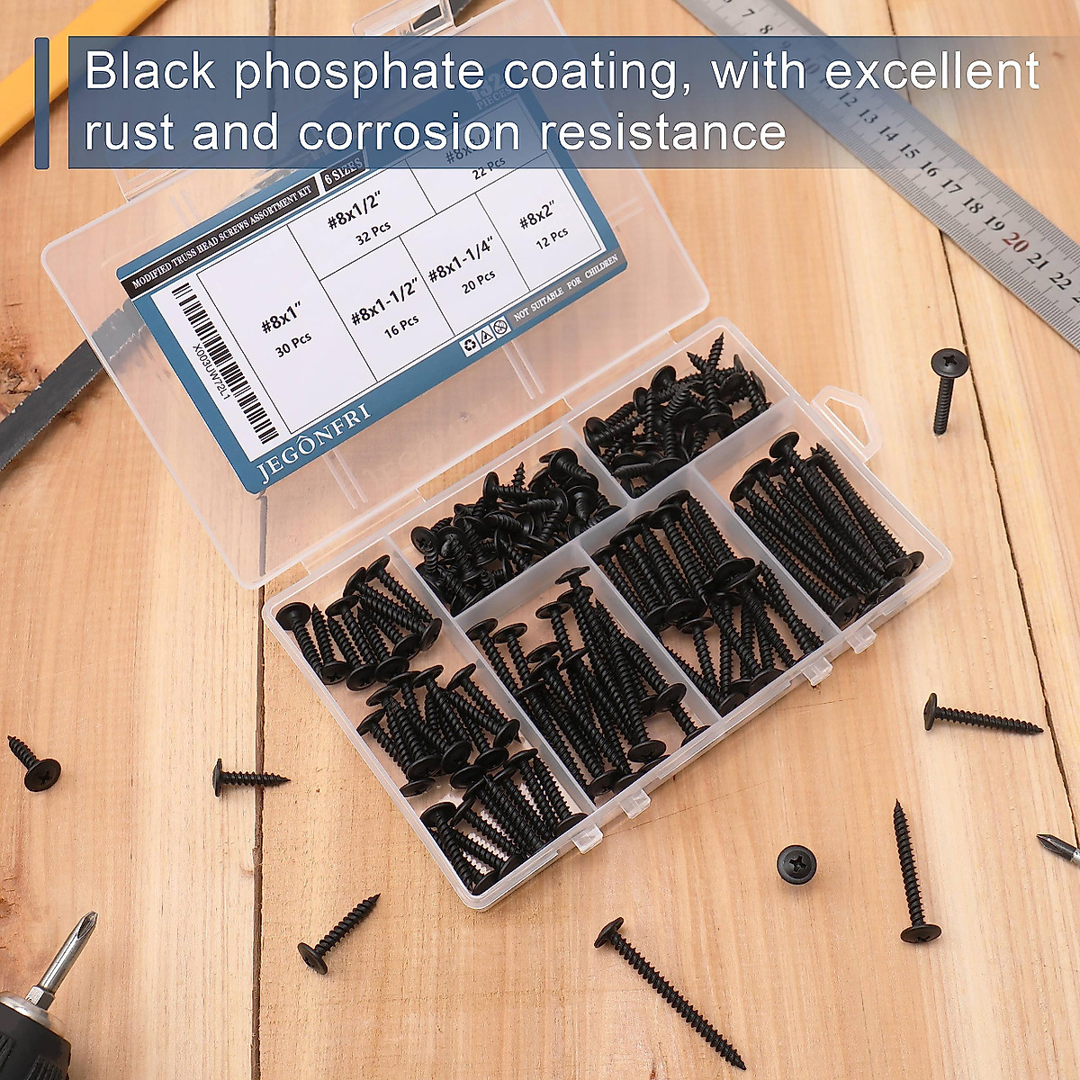 JEGONFRI #8 Modified Truss Head Black Wood Screws Assortment Kit, 132 pcs, Phillips Drive, Wood Screws, Screws, Screws Assortment, Screws Set, 6 Sizes (1/2”, 3/4”, 1”, 1-1/4”, 1-1/2”, 2”) (Black)