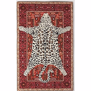 Restoration and Renovation Handmade White Leopard Rug with Blue/Red Persian Background | Animal Print Cheetah Wool Area Rug for Living Room, Bedroom and Kitchen (Red, 3x5 ft)