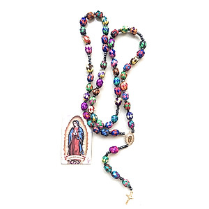 Handmade our lady of Guadalupe (image charm) colored palm rosary with christian catholic prayer in spanish long necklace rosario de palma con dije de imagen de virgen de Guadalupe religious jewelry
