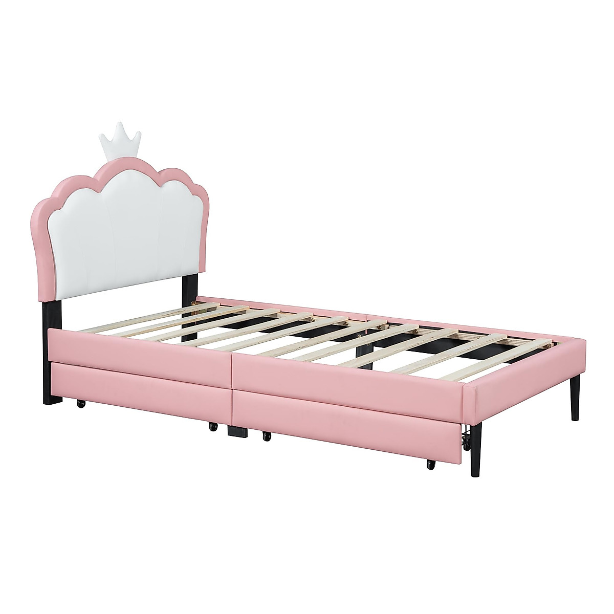 SOFTSEA Twin Size Princess Bed with Storage Drawers, Faux Leather Platform Bed with Crown Headboard for Kids Girls, No Box Spring Needed, Pink