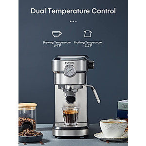 FOHERE Espresso Machine, 15 Bar Espresso and Cappuccino Maker with Milk Frother Steam Wand, Professional Espresso Coffee Machine for Espresso, Cappuccino, Latte and Mocha, Brushed Stainless Steel
