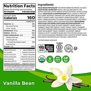 Orgain Organic Vegan Protein + 50 Superfoods Powder, Vanilla Bean - 21g Plant Based Protein, 8g Prebiotic Fiber, No Lactose Ingredients, Gluten Free, No Added Sugar, Non-GMO, 1.12 lb
