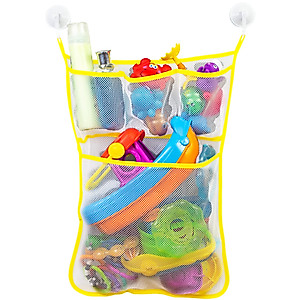 S&T INC. Baby Bath Toy Storage for Tub with Pockets, Kids Bath Toy Holder or Mesh Shower Caddy, Holds Kid Toys, Soaps, or Shampoos, 14 Inch by 20 Inch Net with Hooks Included, Yellow, 1 Pack