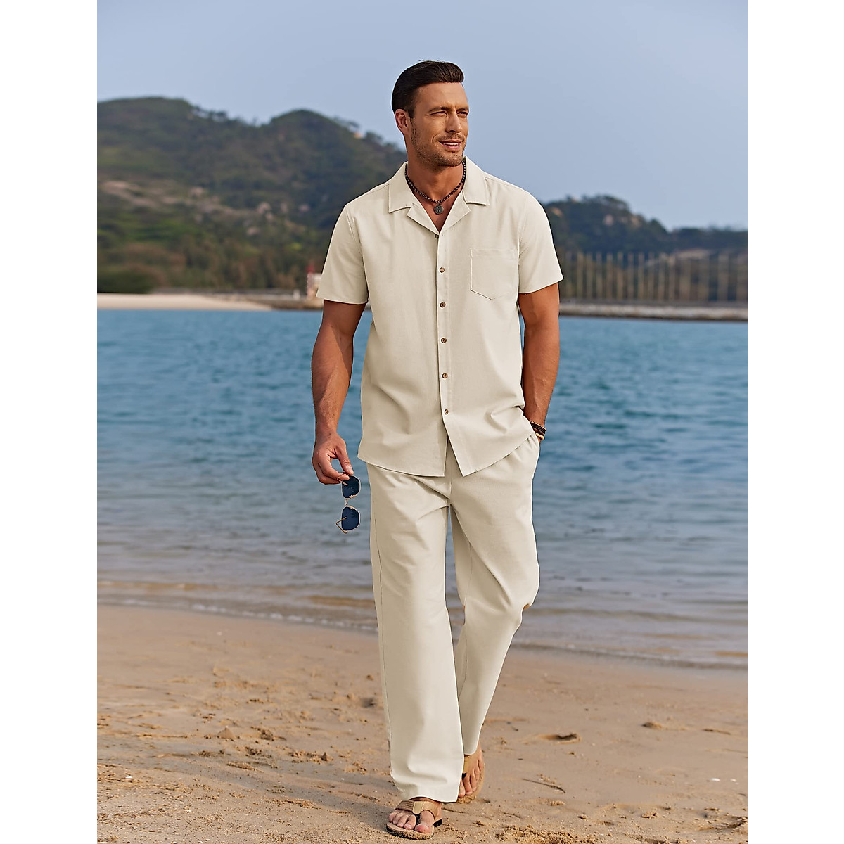 COOFANDY Men Beach Linen Outfits Sets 2 Piece Cuba Guayabera Shirts Summer Island Sets