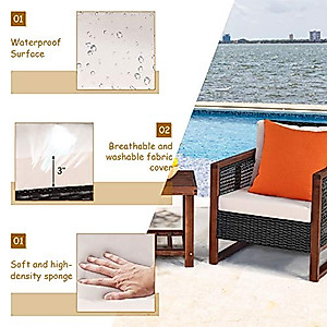 Tangkula 3 Pieces Patio Wicker Furniture Set, Rattan Outdoor Sofa Set w/Washable Cushion & Acacia Wood Coffee Table, Conversation Bistro Set for Garden Balcony Backyard (Beige)