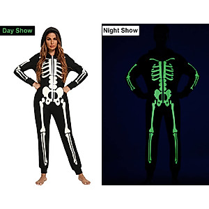 Veseacky Novelty Adult Glow in The Dark Skeleton Zipper Jumpsuit Pajamas for Family Long Sleeve Rompers Hooded with Pockets XX-Large