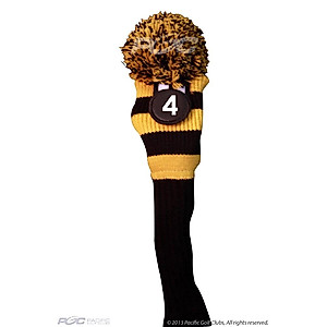 Majek #3 & #4 Hybrid Combo Pack Rescue Utility Black & Yellow Golf Headcover Knit Pom Pom Retro Classic Vintage Head Cover