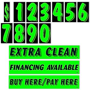 VERSA-TAGS 7.5" Black/Green Vinyl Number 11 Dozen Set Windshield Pricing & 1 Pack of Each of Extra Clean, Financing Available, Buy Here Pay Here 14.5" x 2.75" Sticker Windshield Auto Dealership