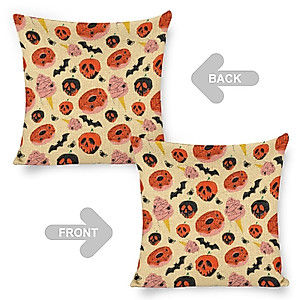 Cute Halloween Cupcakes Throw Pillow Covers 18×18 Pillowcases Set of 2 Ice Cream Donut Linen Decorative Square Pillow Case Cushion Covers Standard Size for Sofa Couch Outdoor Bed Pillow Protectors