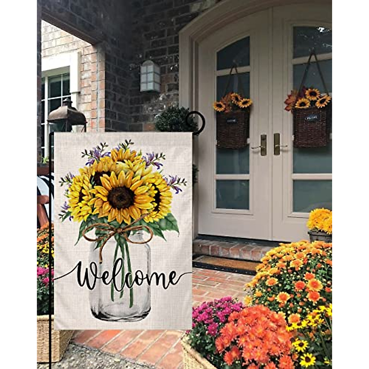 Summer Sunflower Garden Flag 12x18 Vertical Double Sided Welcome Summer Mason Jar Flowers Farmhouse Outside Decorations Burlap Yard Flag BW129