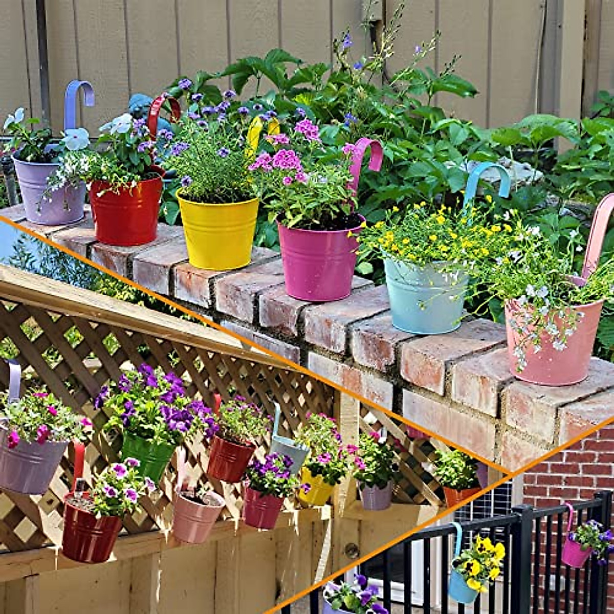 LOVOUS 6.3" x 4.7" x 5.3" Large Iron Hanging Planters Multicolor Flower Pots Balcony Garden Railing Planter, Fence Hanging Metal Bucket Plants Holders Set for Indoor and Outdoor, 12PCS, Black