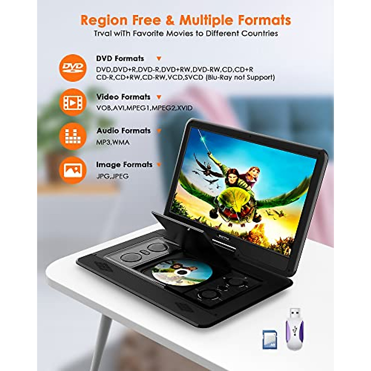 WONNIE 17.9’’ Large Portable DVD/CD Player with 15.6‘’ Swivel Screen, 1366x768 LCD TFT, 6 Hrs 5600mAH Rechargeable Battery, Regions Free, Support USB/SD Card/ Sync TV , High Volume Speaker