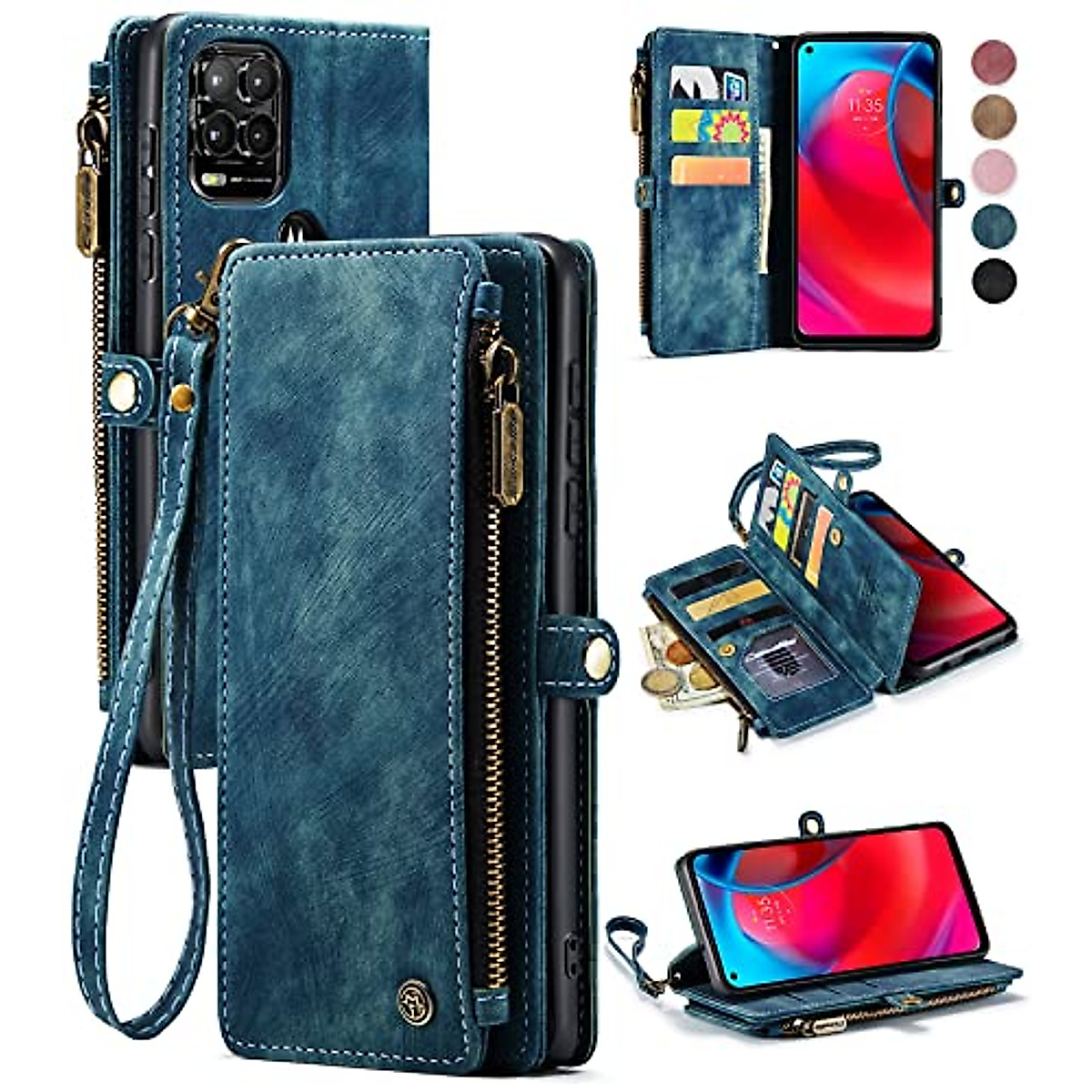 Defencase Moto G Stylus 5G Case (2021), Moto G Stylus 5G Case Wallet for Women Men, Durable PU Leather Magnetic Flip Strap Zipper Card Holder Phone Case for Motorola Moto G Stylus 5G, Blue-Green