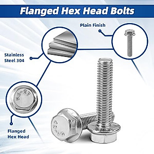 M8-1.25 x 30mm Flange Bolts Flanged Hex Screws, DIN 6921, Stainless Steel 18-8 (304), Plain Finish, Fully Threaded, 10 PCS
