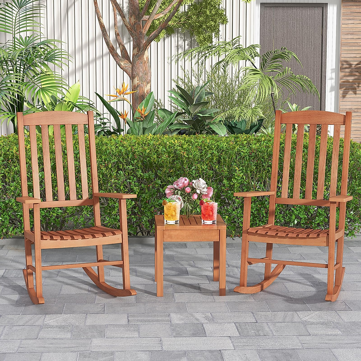 Giantex Wood Outdoor Rocking Chair - Eucalyptus Rocker Chair with Stable & Safe Rocking Base, High Backrest, Slatted Patio Rocker for Garden, Poolside, Courtyard Outdoor Rockers, Porch Rocker Set of 2