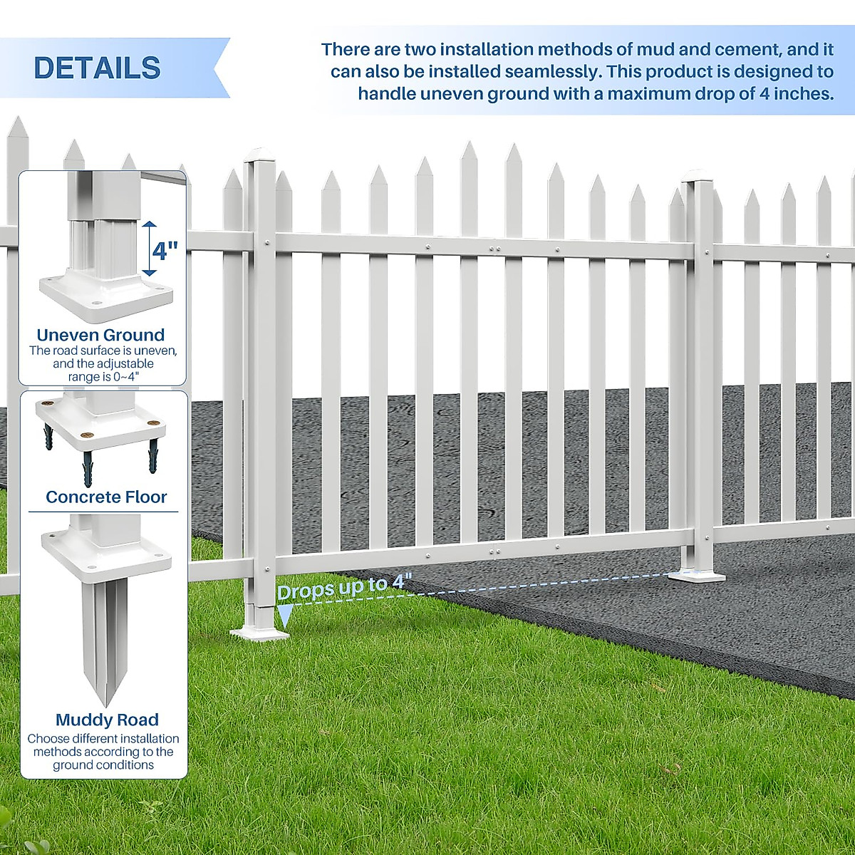 E&K 36"H x 84"W Vinyl White Picket Fence Panels Decorative Fencing for Front Porch Yard Garden Pool (20 Pickets, Scallop)