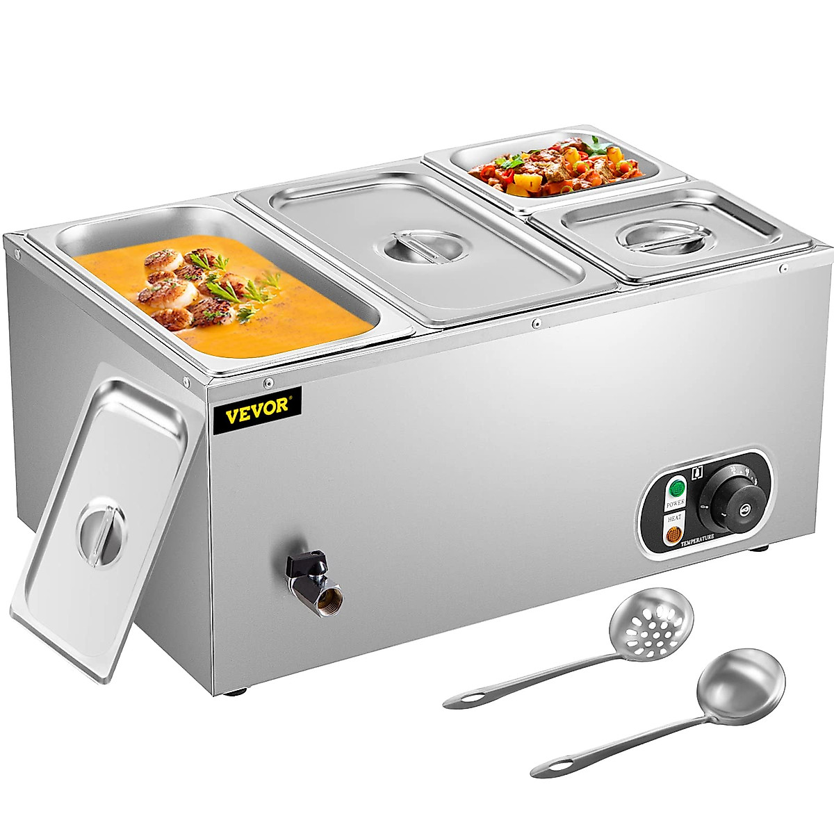 VEVOR 110V Commercial Food Warmer, 4-Pan Stainless Steel Bain Marie 14.8 Qt Capacity,1500W Steam Table 15cm/6inch Deep, Electric Soup Warmer