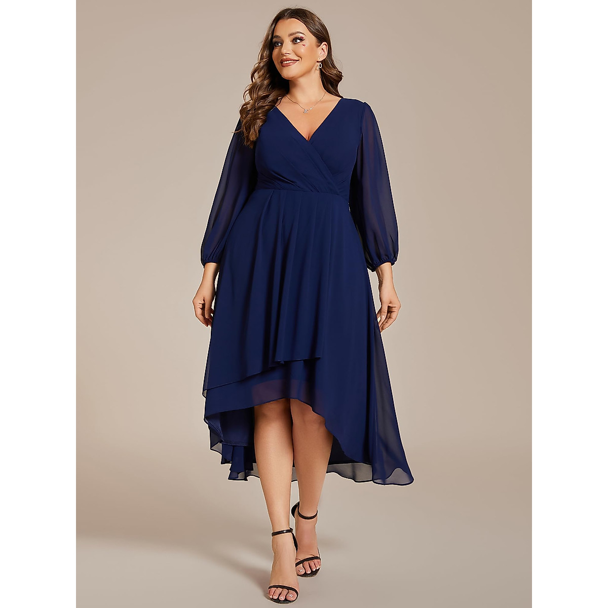 Ever-Pretty Women's A Line Pleated V Neck Midi Plus Size Wedding Guest Dresses for Curvy Women Navy Blue US26