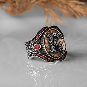 Handmade Personalized Men Silver Ring 925 Solid Sterling Silver Garnet Stone Men's Ring Handcrafted Customizable Letter Ring Monogram Silver Ring