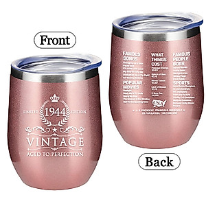 80th Birthday Gifts for Women and Men - 1944 80th Birthday Decorations - 12 Oz Insulated Stainless Steel Wine Tumbler with Lid for Her Wife Mom Grandma Aunt Friend, Rose Gold