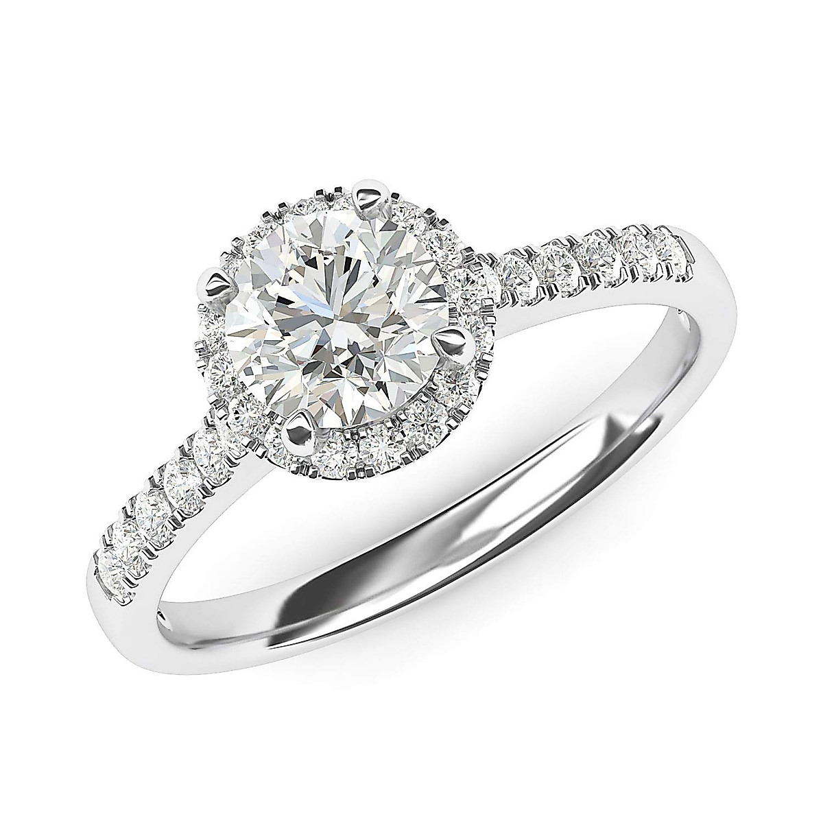 14k White Gold Classic Simulated Round Brilliant Cut Diamond Halo Engagement Ring with Side Stones (3.5)
