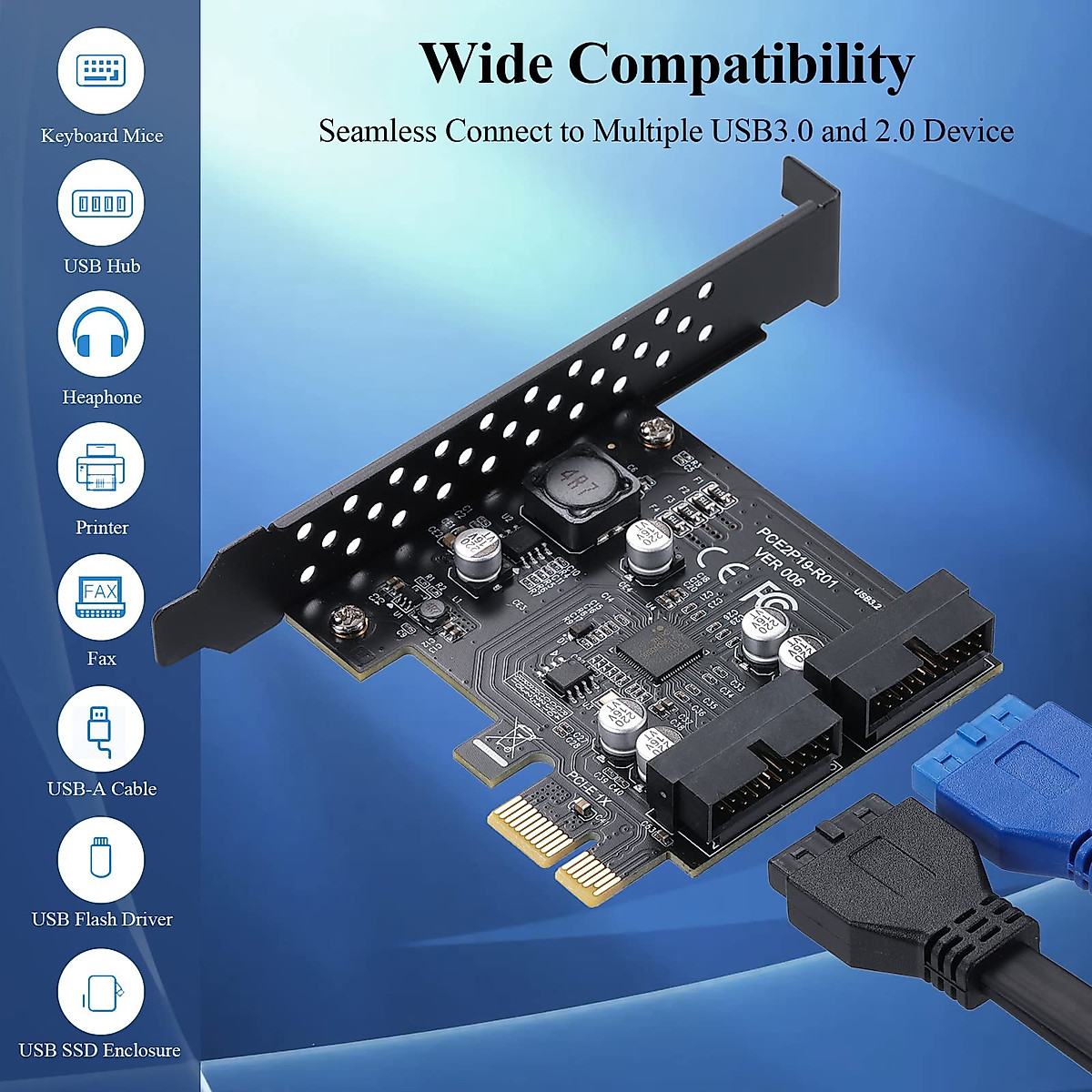 BEYIMEI PCIE 1X to 2 Port 19Pin Expansion Card, USB 3.2 GEN1 Super Speed 5Gbps PCI Express Card for Windows 11, 10, 8.1, 8, 7, XP