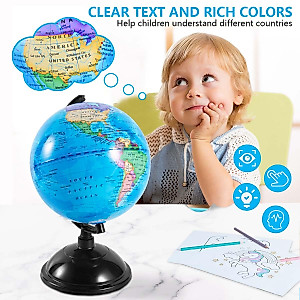 KISEER 8 Inch World Globe with Stand Rotating Earth Spinning Globe for Kids Geography Classroom Education or Decorations (Blue)