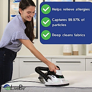LivePure - Ultramite Handheld HEPA Filter Vacuum & Fabric Sanitizer - Dual Motor Brush, UVC Light, And Anti- Allergen Filter To Remove Dust Mites, Bacteria, Viruses