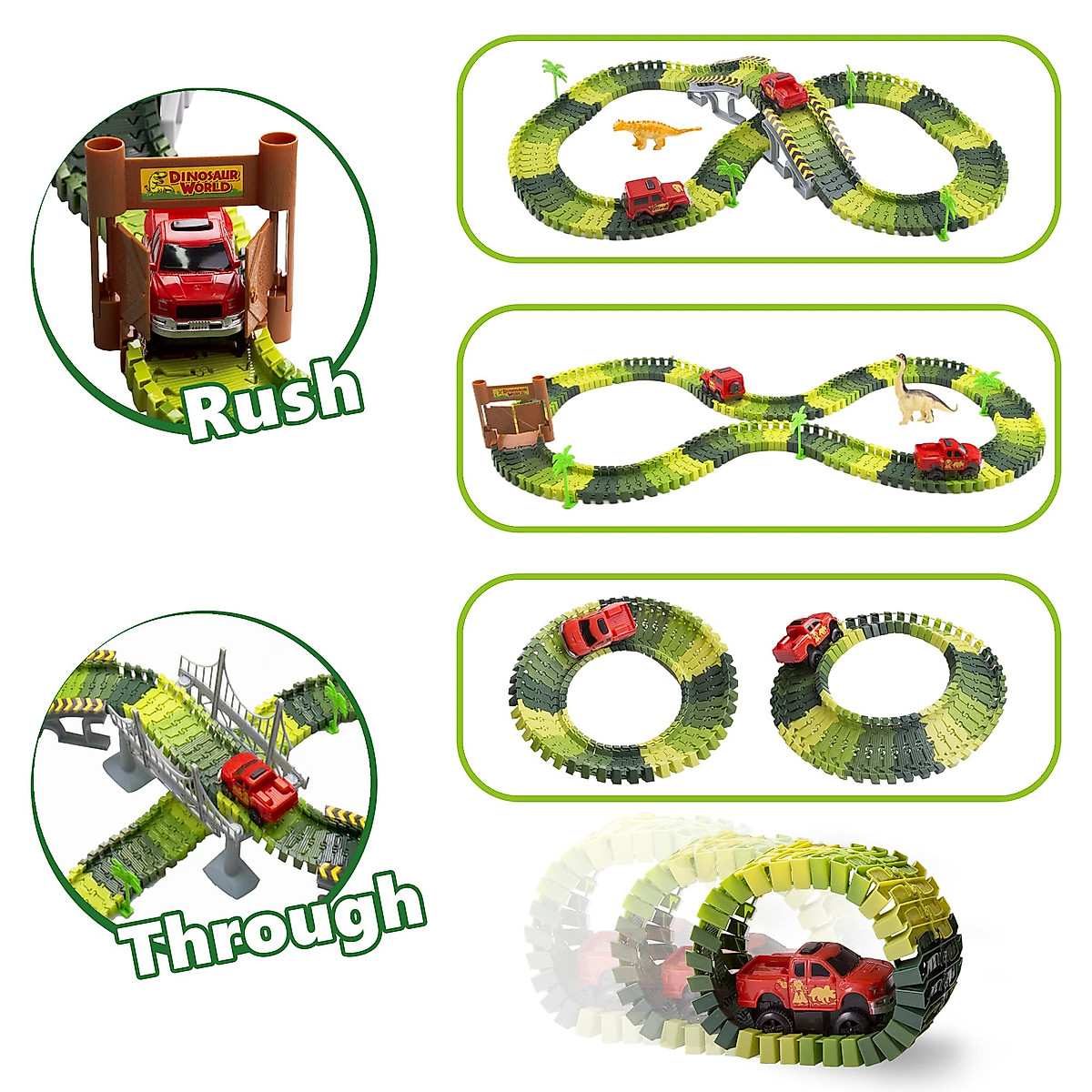 288 Pcs Dinosaur Race Car Tracks Set for Kids,Flexible Train Tracks to Create A Dino World Road with Bridge, 2 Electric Race Cars Best Gift for Toddlers Boys and Girls
