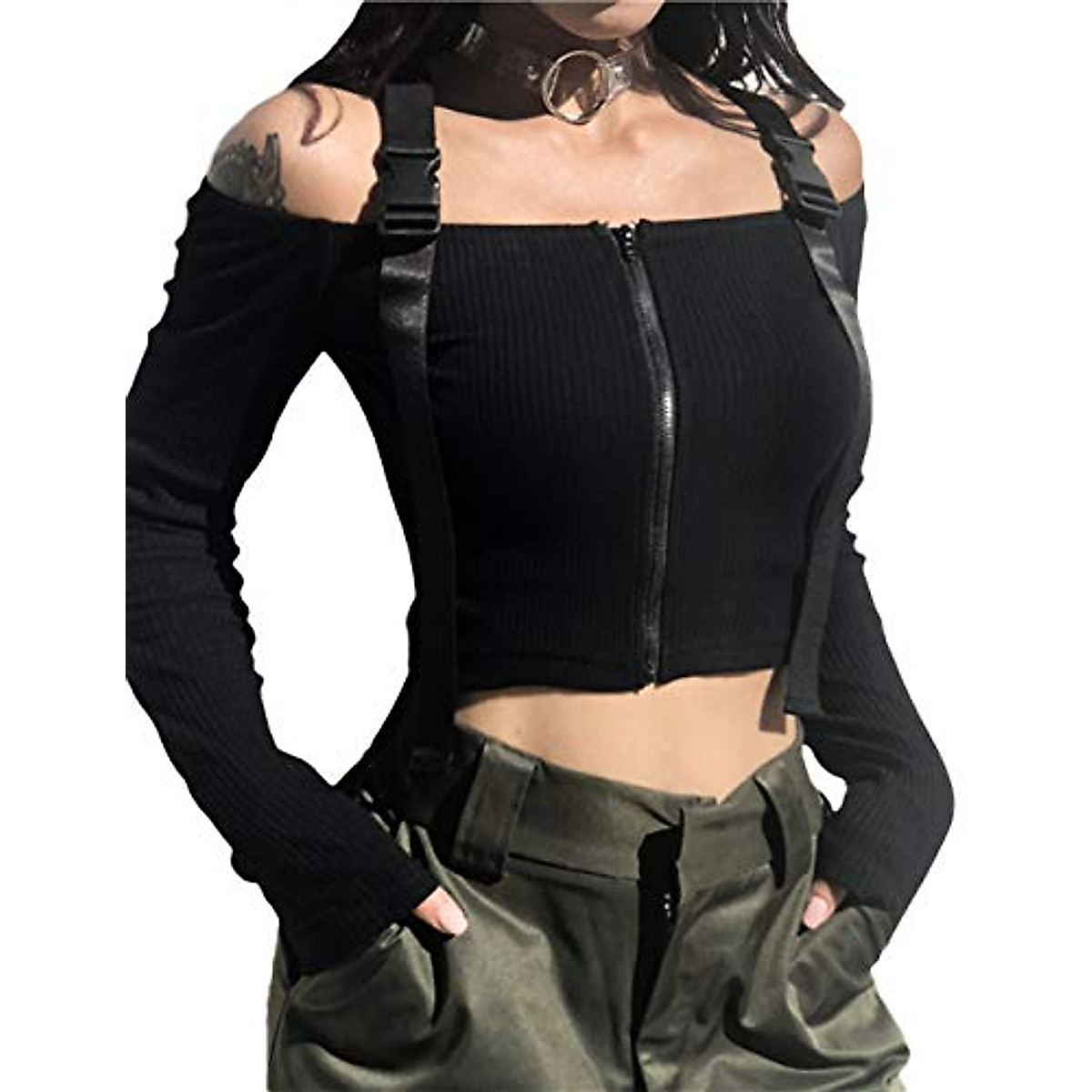 xxxiticat Women's Chic Fashion Off Shoulder Long Sleeve Cold Shoulder Knitted Zipper Up Tshirts Crop Tops Camis(T-BL,M) T-Black