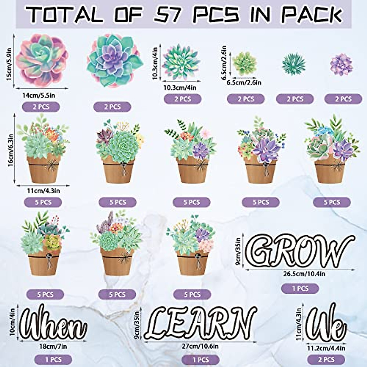 57Pcs Succulents Cutouts for Classroom Bulletin Board Potted Succulents Cut-Outs When We Learn We Grow Paper-Cuts Summer Banner Border Accents Decor for Kids School Classroom Party Wall Decorations