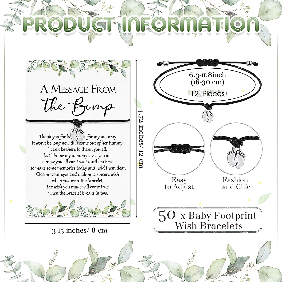 Thyle 50 Set Baby Shower Favors for Guests Adjustable Bracelets with Message from the Bump Card Footprints Charm Baby Shower Bracelets for Gender Reveal Thank You Gifts (Leaf)