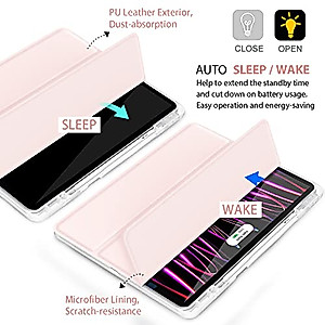 Hoidokly Case for iPad Pro 12.9 6th/5th/4th/3rd Generation (2022/2021/2020/2018), Thin Clear Shell Smart Trifold Stand 12.9 inch Protective Transparent Cover with Pencil Holder Auto Sleep/Wake, Pink